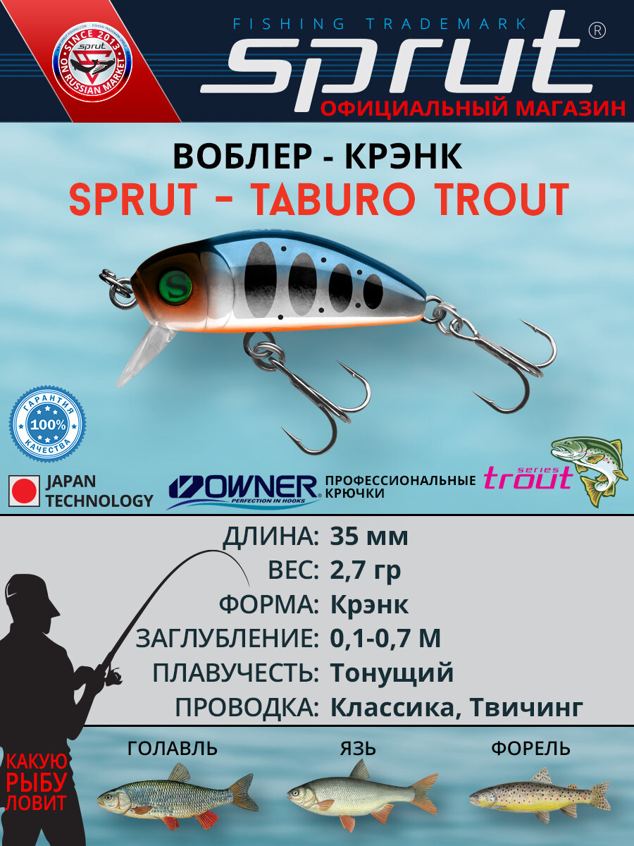 Воблер Sprut Taburo Trout Sinking/35mm/2,7g/0,1-0,5m/SBTR1
