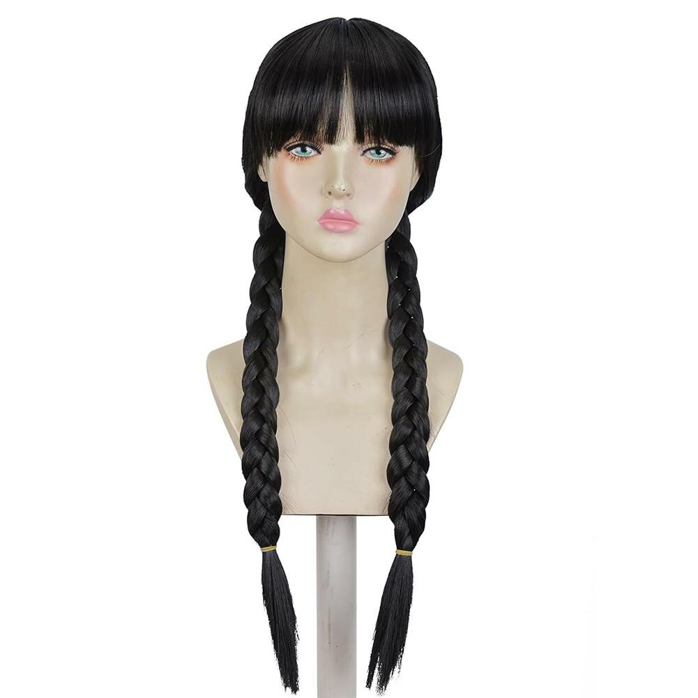 Парик женский на Хэллоуин, черные косы, с пробором посередине, с чёлкой, хвосты, для костюма, аниме