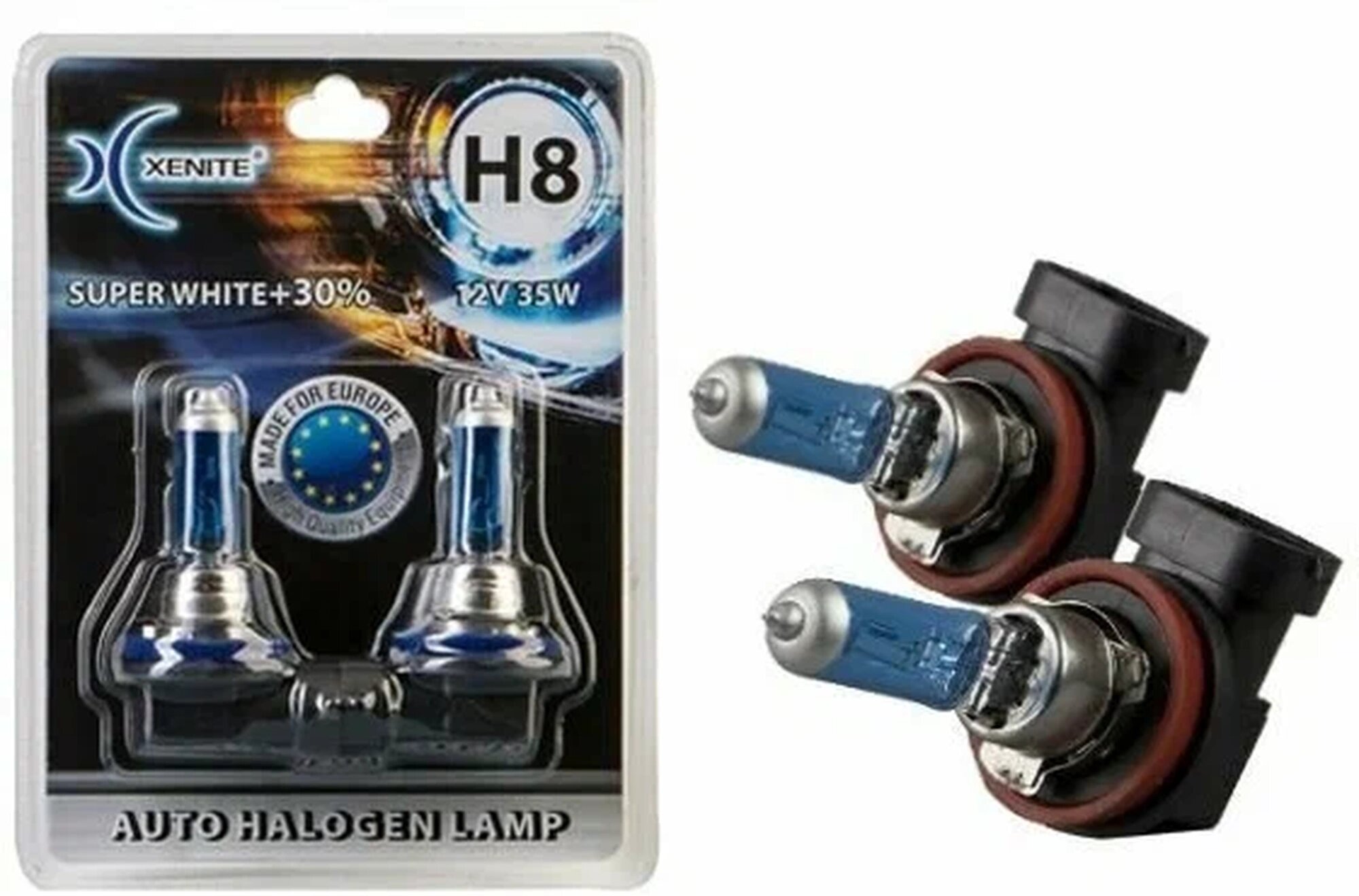 Лампа галогеновая головного света H8 PGJ19-1 4000K Super White +30% 12V 35W Блистер 2шт, XENITE 1007047