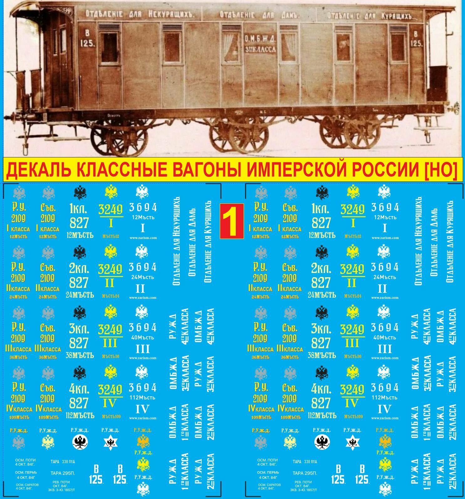 2Д-Декаль Классные вагоны эпохи Имперской россии, HO, 1:87. Блок №1