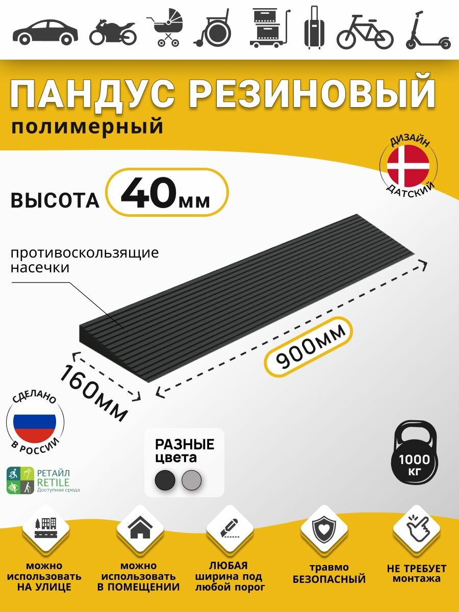 Пандус резиновый рубеж для порогов высотой 4 см (40х900х160 мм), чёрный, для колясок, склада и автомобилей