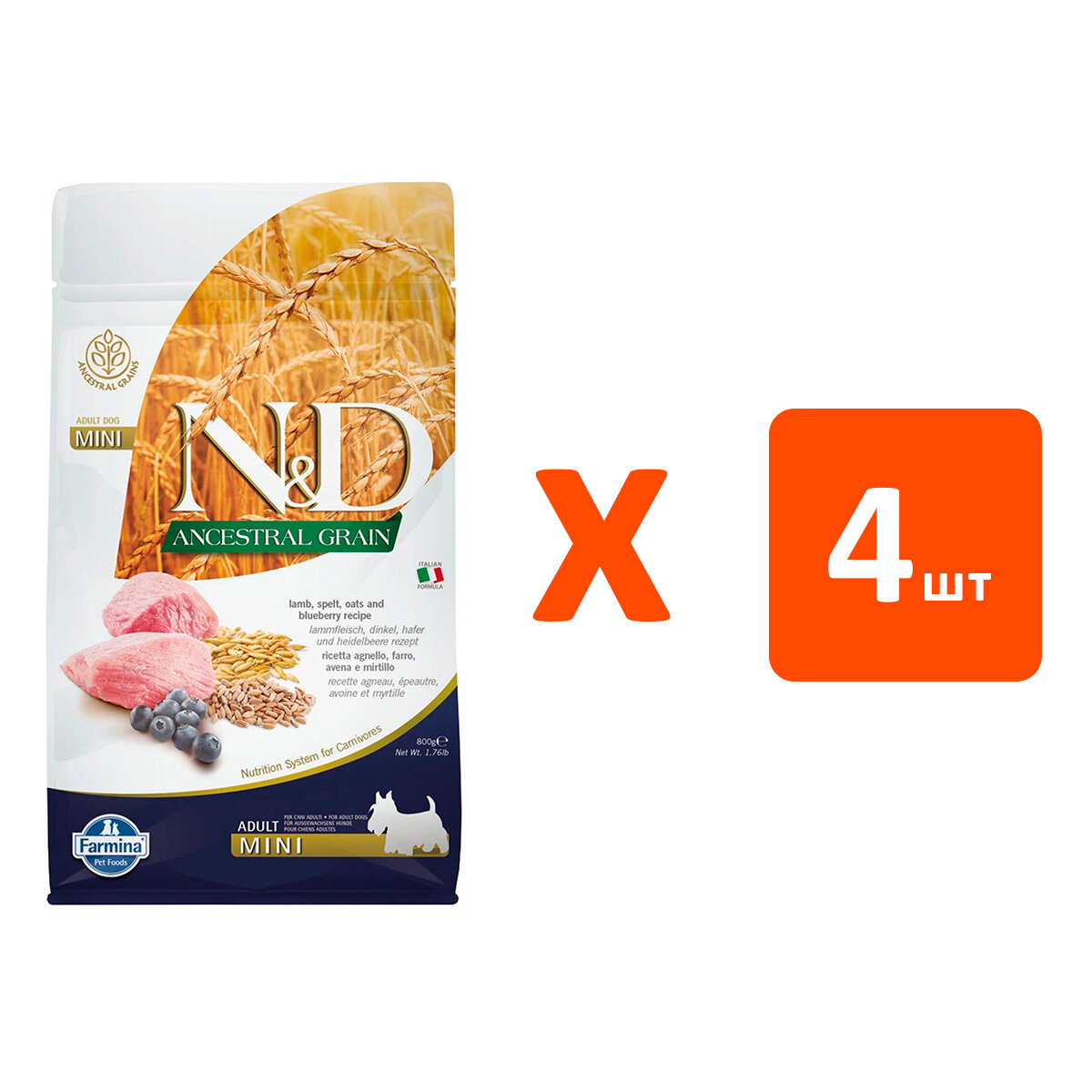 Корм сухой Farmina Dog N&D Ancestral Grain Adult Mini Lamb & Blueberry низкозерновой для взрослых собак маленьких пород, ягненок и черника, 0,8 кг х 4 шт