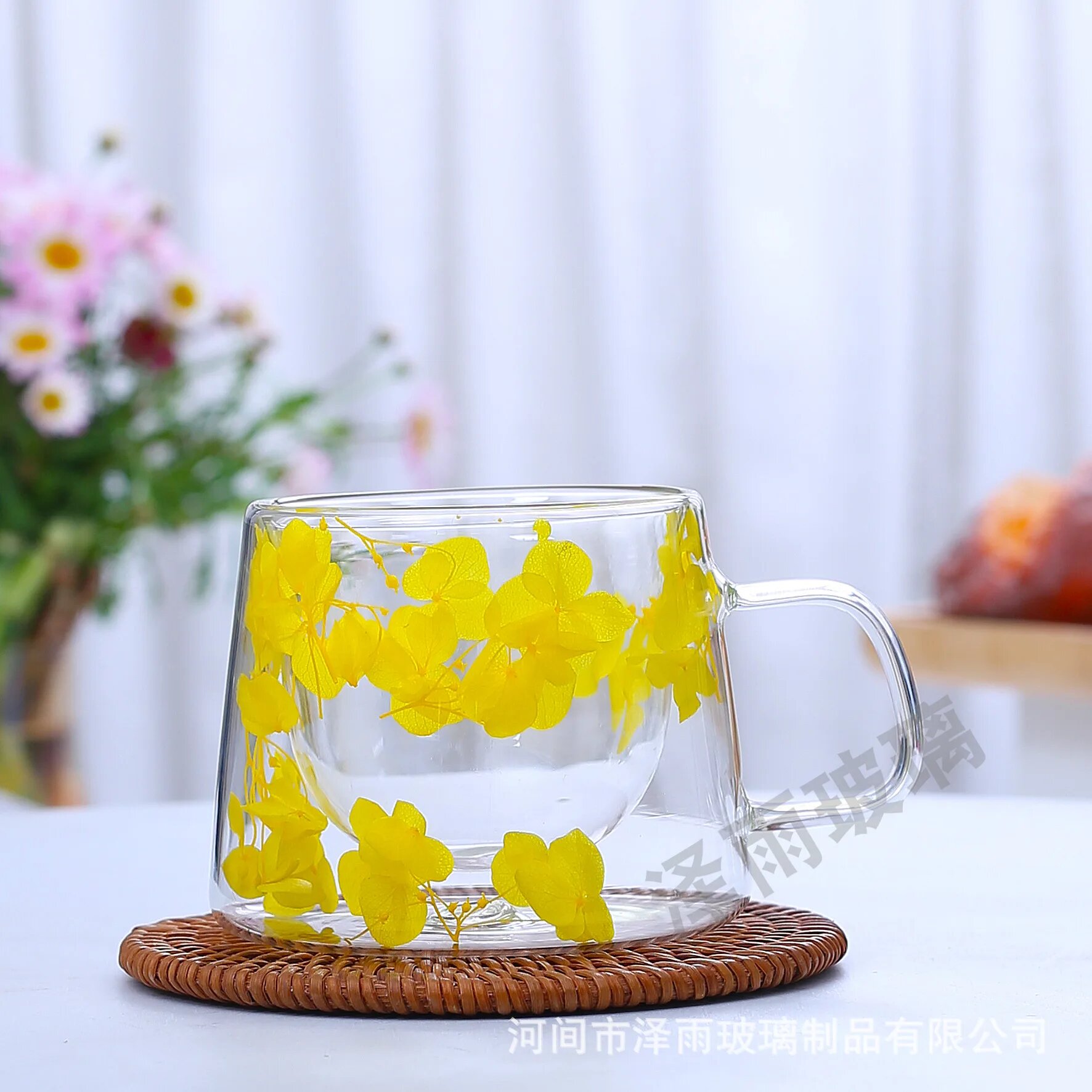 Прозрачный двухслойный стакан с цветком, 200ml, Желтый