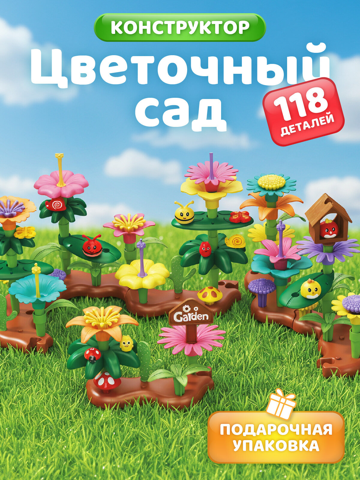 Развивающая игрушка конструктор "Сад с цветами", игровой набор, крупные детали, 118 деталей, JB0214315