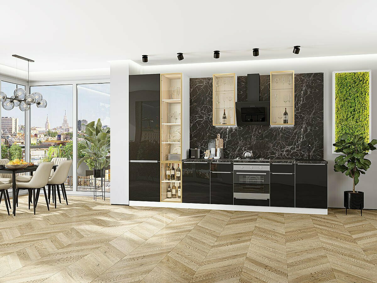 Кухонный гарнитур 3,4 м Мебель-МСК Фьюжн-08 Anthracite, полки стекло 234х340х60 см