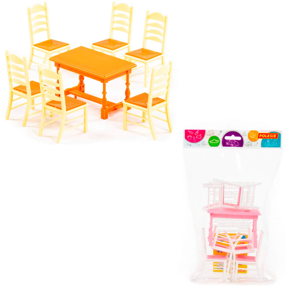 Мебель игрушечная №7 для кукол типа барби, стол и 6 стульев, пластик, цвет в ассорт.