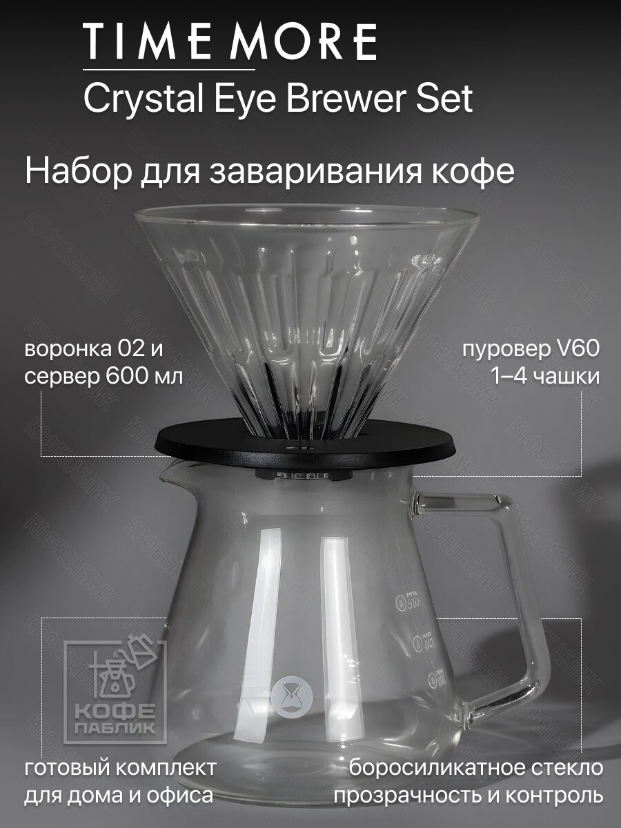 Набор для заваривания кофе Timemore Crystal Eye Brewer Set — воронка Crystal Eye Glass 02 Black + сервер 600 мл