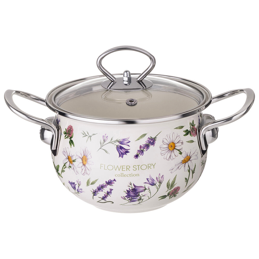 Кастрюля agness эмалированная со стеклянной крышкой серия flower story, 2,0 л диа. 18см KSG-943-096