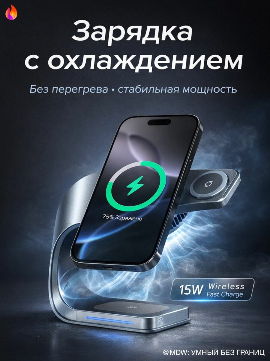 Беспроводная зарядная станция 3 в 1 с охлаждением 15W MagSafe для iPhone Apple Watch AirPods для дома и офиса