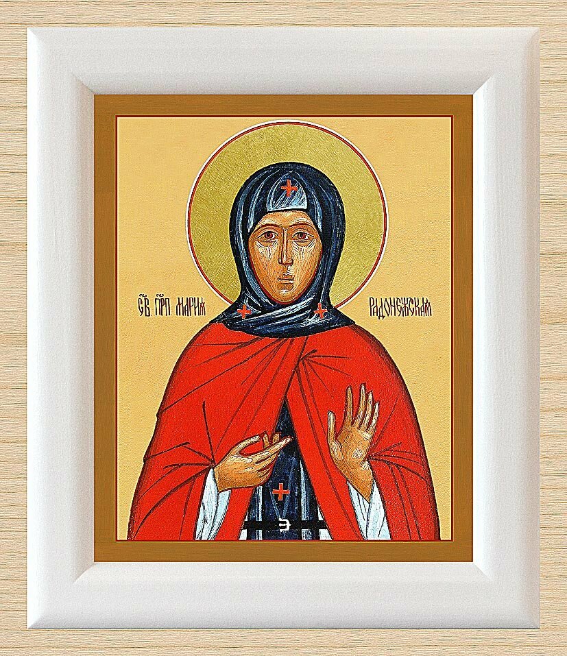 Преподобная Мария Радонежская, икона в широкой белой деревянной рамке 19*22,5 см