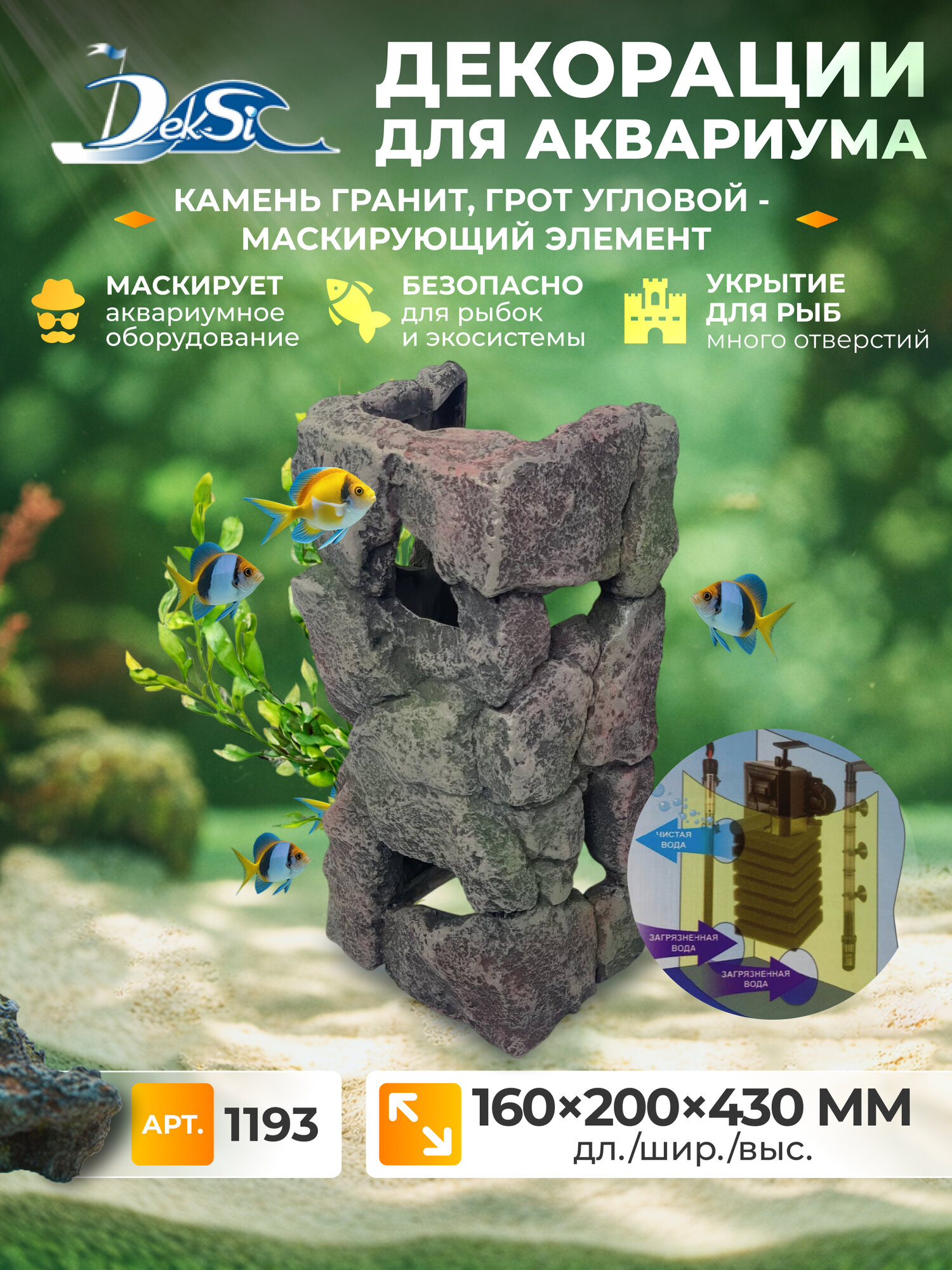 Декорация для аквариума камень Гранит, грот DEKSI 1193 маскирующий элемент для фильтра и обогревателя