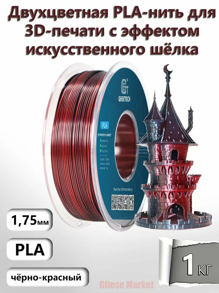 1,75 мм, глянцевая двухцветная пластиковая проволока, 1 кг, материал для 3D-принтера, PLA, черный и красный