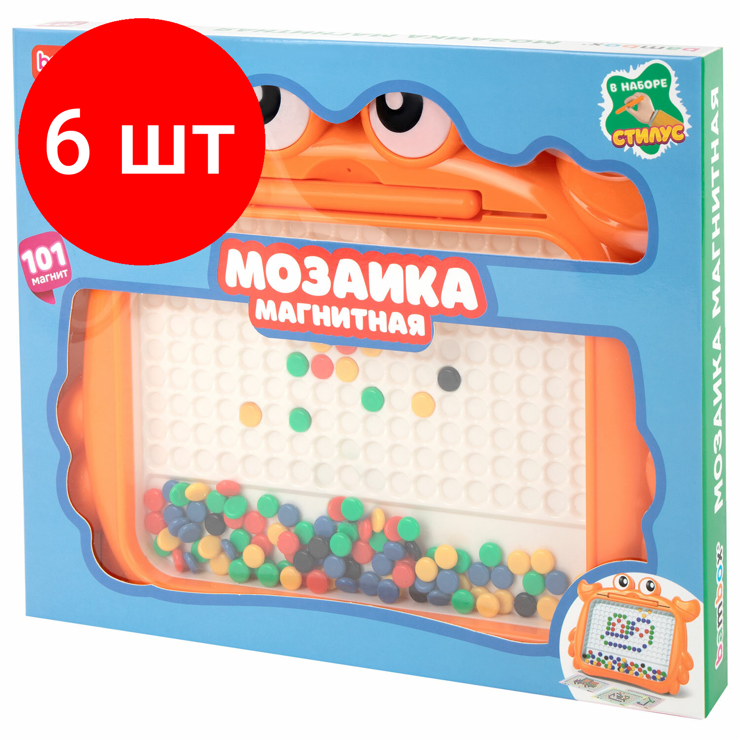 Комплект 6 шт, Мозаика магнитная развивающая для детей "Краб", стилус, 101 магнит, 10 карточек, BAMBOX, 665889