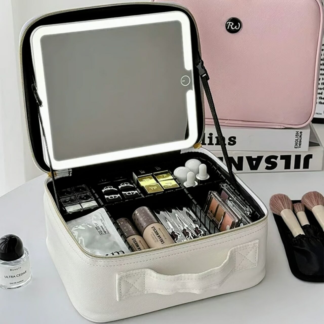 Косметичка для кистей и зеркало с led подсветкой для макияжа складное гримерное