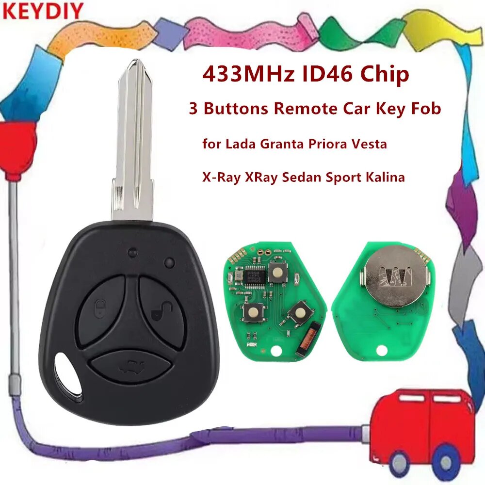 3 кнопки, 433 МГц, ID46 чип, дистанционный автомобильный брелок, замена для Lada Granta Priora Vesta X-Ray XRay Sedan Sport Kalina