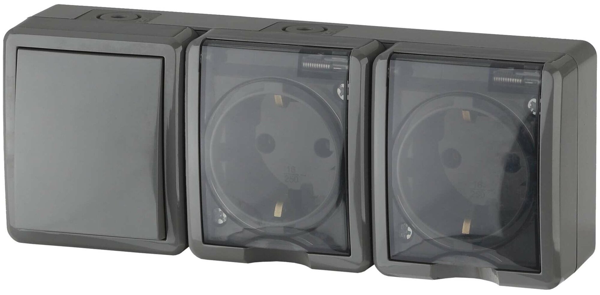 Блок две розетки + выключатель ЭРА 11-7403-03 IP54, 16A 10AX -250В, ОУ, Эксперт, серый Б0027674