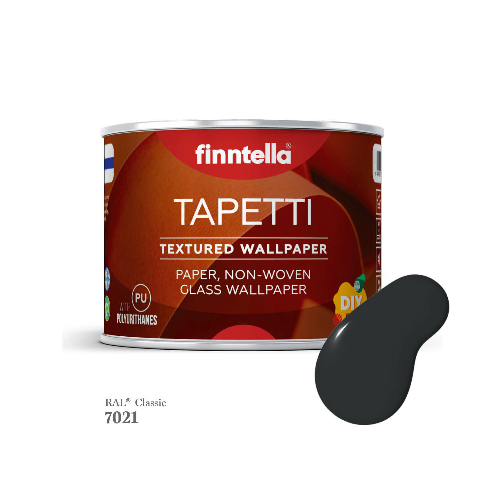 Шелковисто-матовая краска для обоев под окраску TAPETTI SILKKI Matta FINNTELLA, Цвет RAL 7021 Черно-серый (Black grey), 0,45л