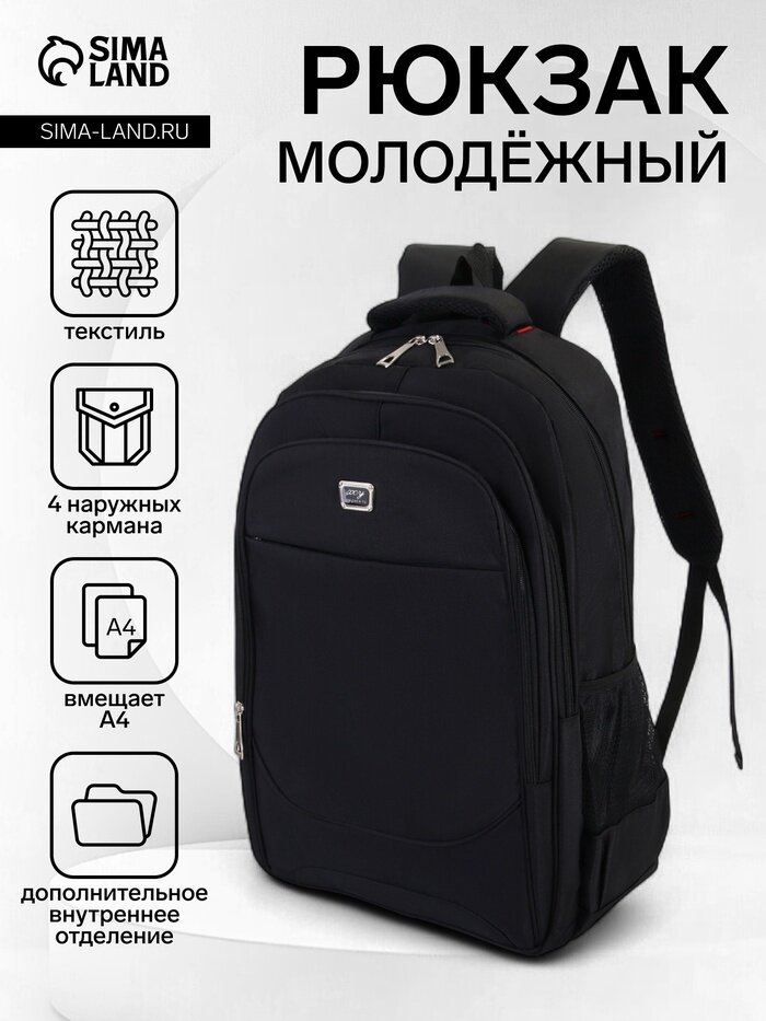 Рюкзак молодёжный на молниях, 2 отдела на молнии, с карманами, размер 37×17×54 см, чёрный
