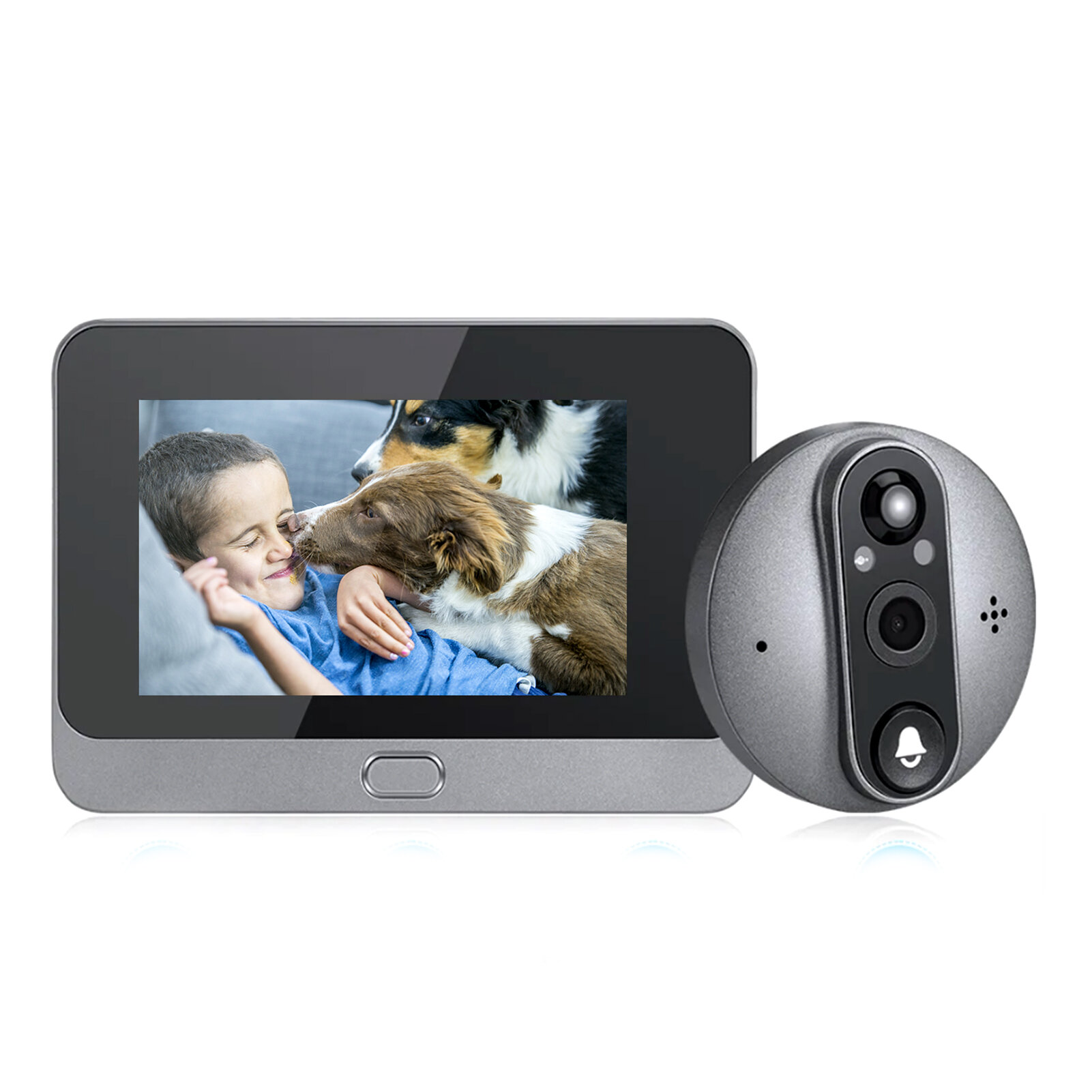 WiFi электронный глазок с видеодомофоном, датчиком движения, двухсторонним интерком и 4.3-дюймовым экраном Graffiti Color, материал пластик, цвет серый, батарея 5000MA литиевая, толщина двери 35-100мм, диаметр отверстия 14-35мм, набор в упаковке: