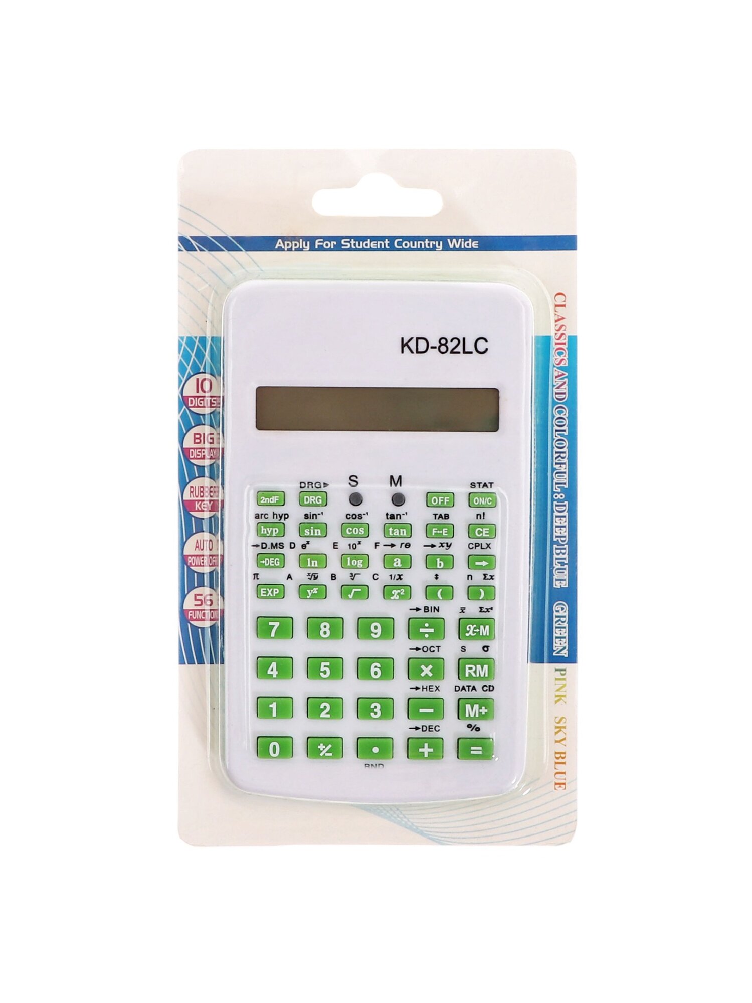 Калькулятор инженерный 10-разрядный, корпус белый, с зелеными кнопками