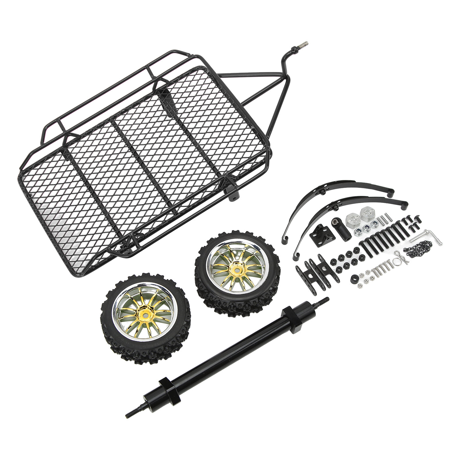 Маленький радиоуправляемый прицеп, черный металлический ковш с резиновыми шинами, простая установка, прочная железная рама, практичное место для хранения, аксессуар