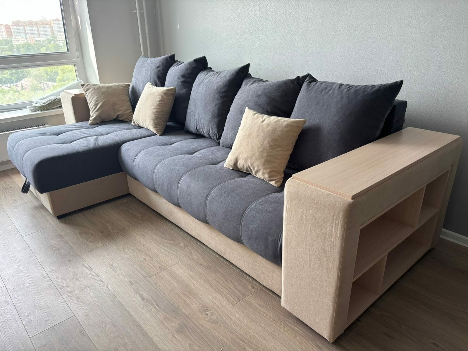 Диван угловой Дубай, 300х160х85см, наполнитель пружинный блок, ящик для белья, левый угол, RS-33, подлокотники RS-3