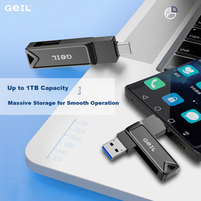GEIL Golden 64GB USB3.0 Type-C Mobile U Disk High-speed Reading 100MB/s Dual-use OTG Dual Interface Android Apple Computer Universal Flash Drive GP130 Series