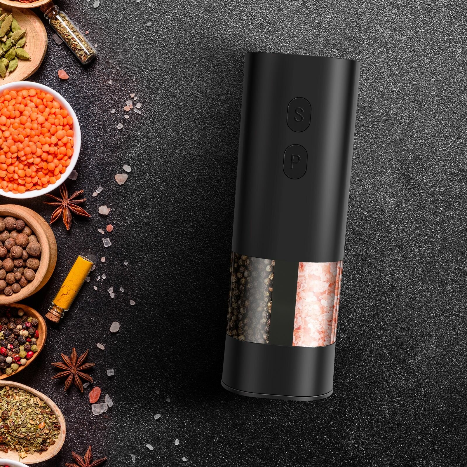 Электрическая мельница для перца 2-в-1 черная ABS-модель с ручным и автоматическим режимом (без батареек)