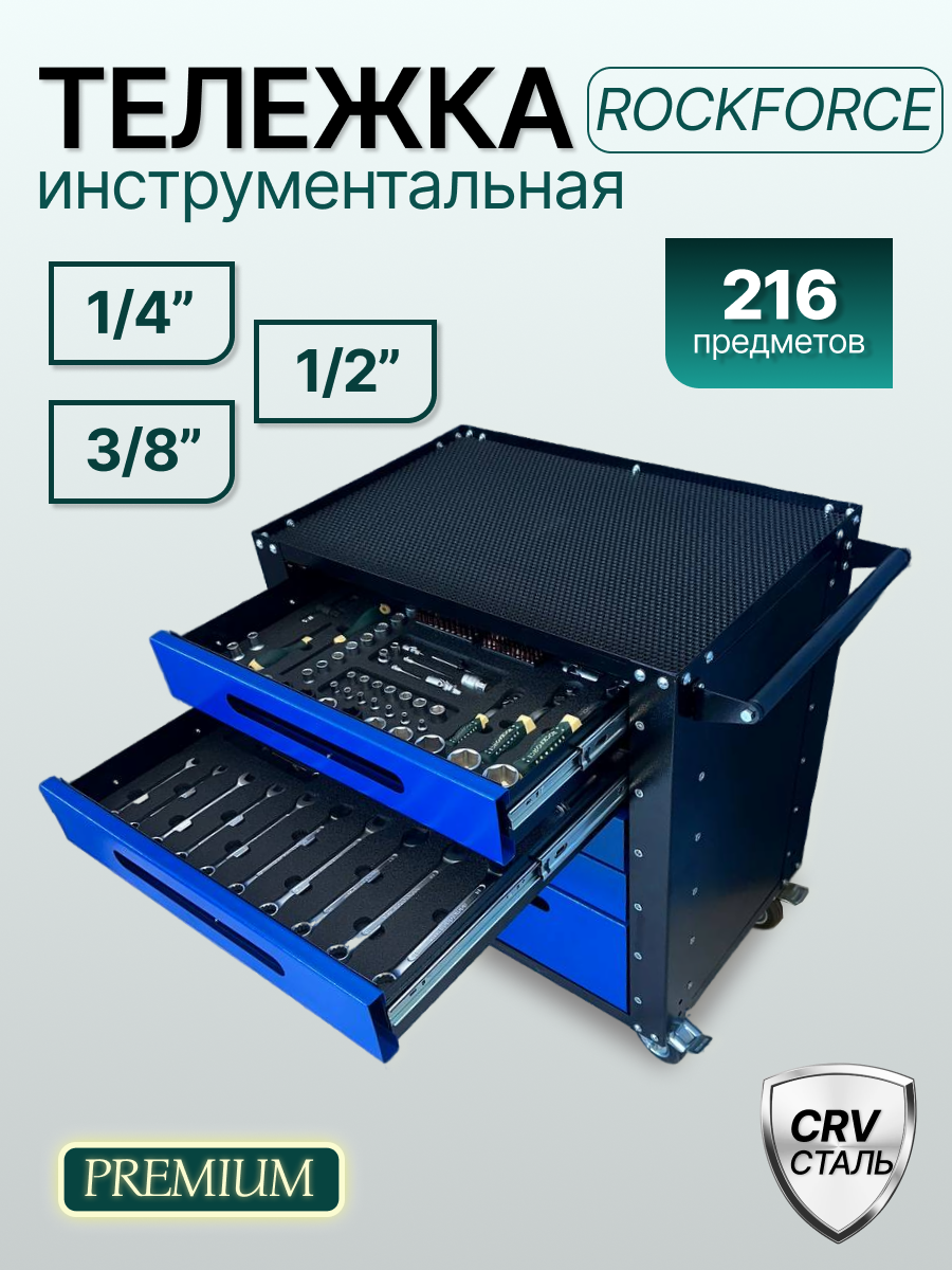 Тележка инструментальная Rock Force Premium с набором инструментов 216 предметов в мягких ложементах