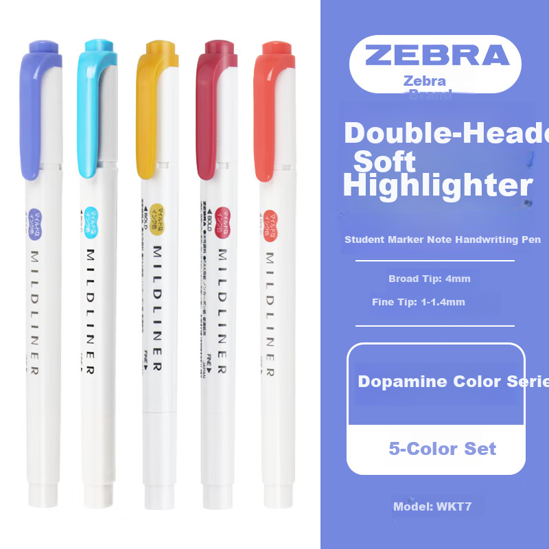 ZEBRA Mildliner Highlighter WKT7 Double-Ended Highlighter Student Marker Pen Journal Pen Dopamine Color Set of 5