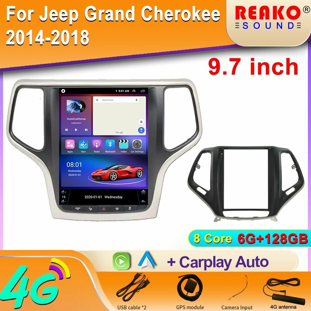 Магнитола для Jeep Grand Cherokee 2014-2018 , с камерой заднего вида. IPS экран 9.7 дюймов, Wifi 2din с сенсорным экраном, usb и блютузом.