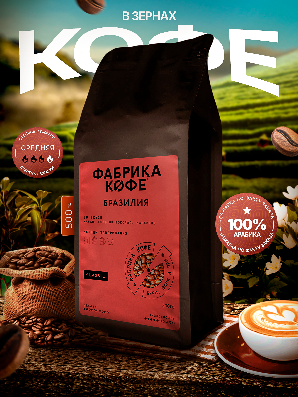 Кофе Фабрика Кофе "Бразилия Госто", арабика, 100%, средняя обжарка, 500 гр