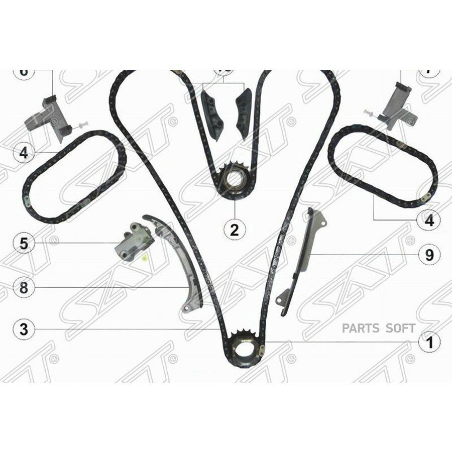 Комплект замены цепи ГРМ TOYOTA CAMRY/HIGHLANDER/RAV4/LEXUS IS/GS 2-4GR от официального дистрибьютора, SAT, артикул TKTY212A