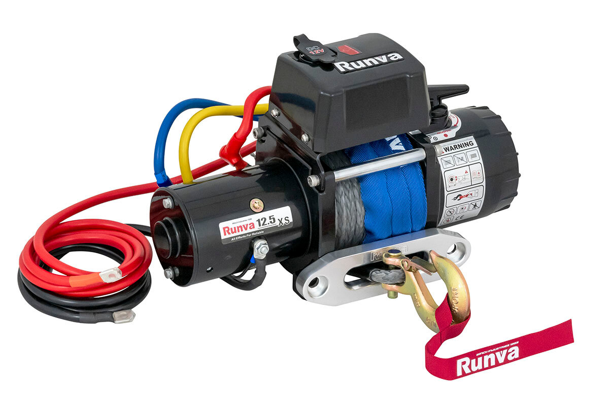 Лебёдка электрическая 12V Runva 12500 lbs 5670 кг короткий барабан (синтетический трос) арт. 12.5XSSR