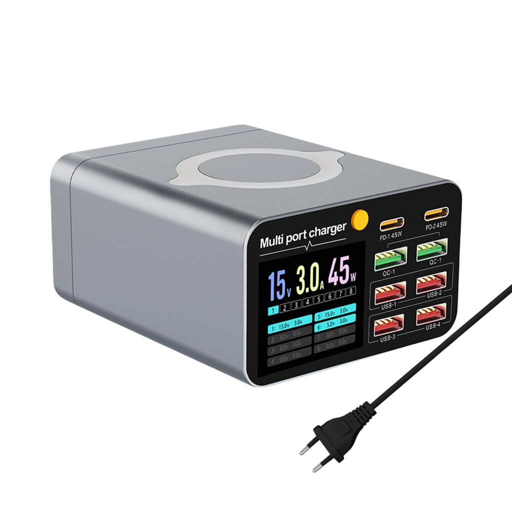 Цифровой дисплей M2 6USB + зарядное устройство 2Type C с беспроводной зарядкой-Европейский стандарт