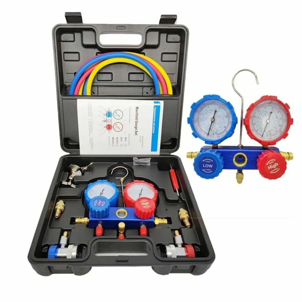 Автомобильный кондиционер Коллектор манометрический двухвентильный с переходниками в кейсе + 3 шланга 90 см / для R12, R404, R134a, R22 фреона