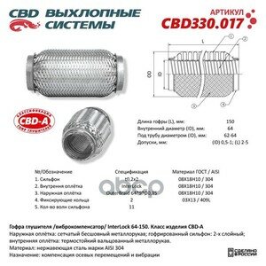 Гофра глушителя interlock 64-150 (класс CBD-a) aisi 304 CBD арт. CBD330.017