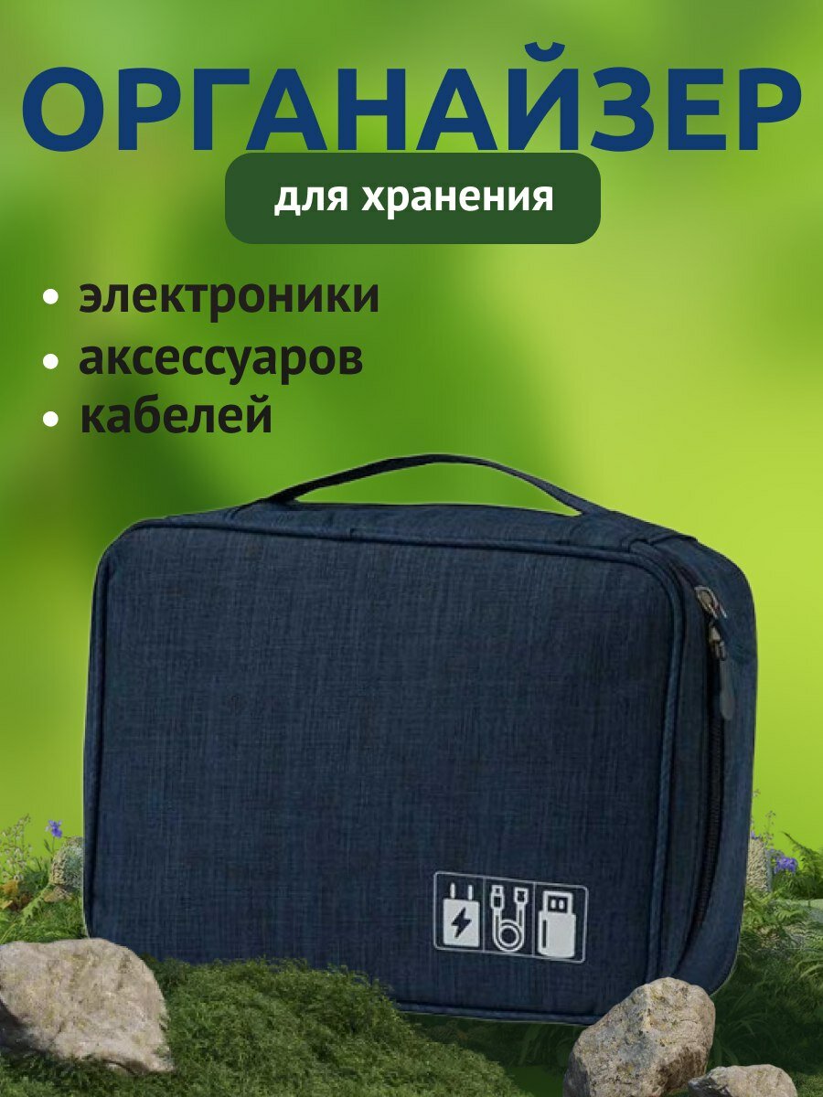Сумка органайзер для хранения проводов и зарядок, цвет синий