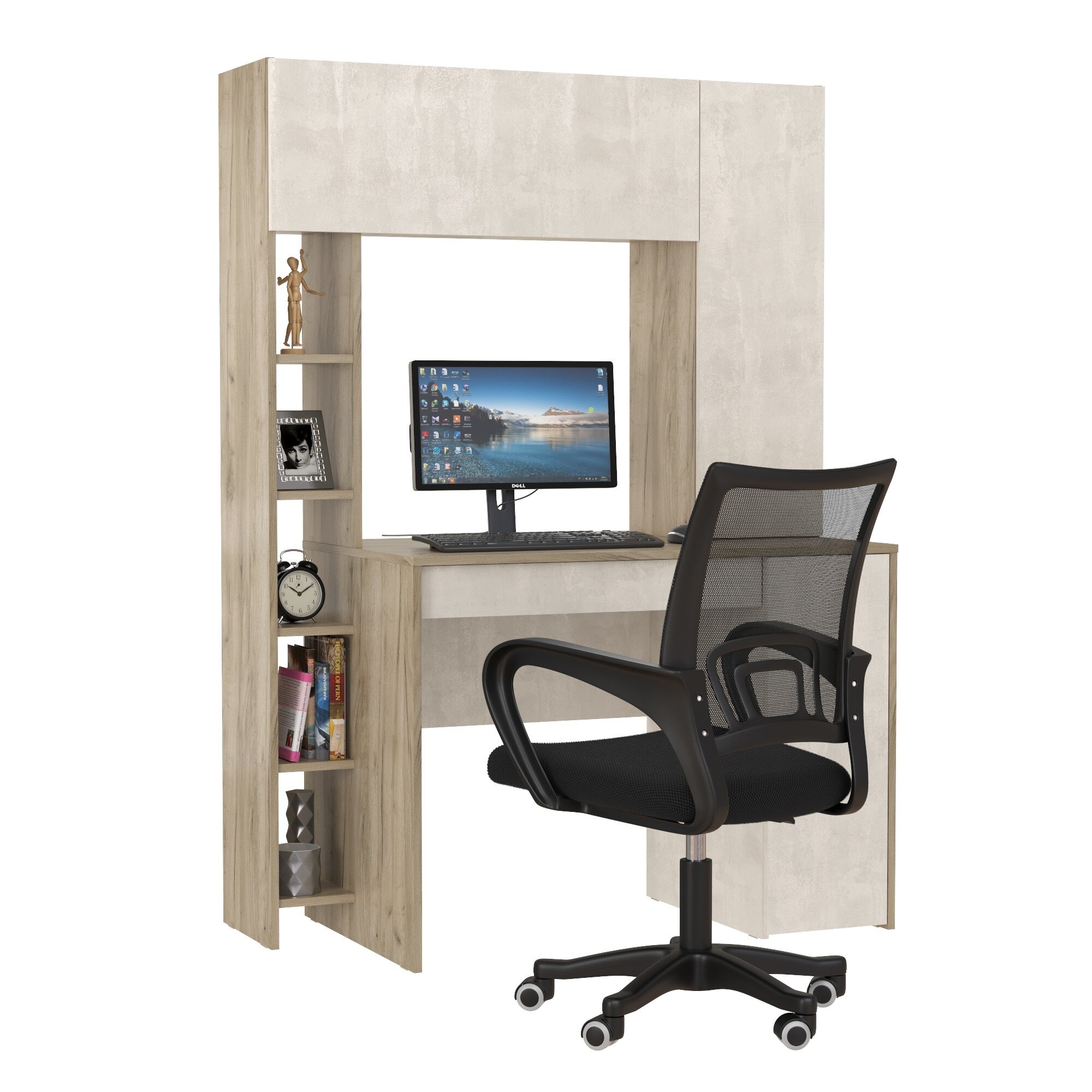 Комплект из компьютерного стола Комфорт 12.71 и черного кресла 103, дуб крафт серый/шёлковый камень