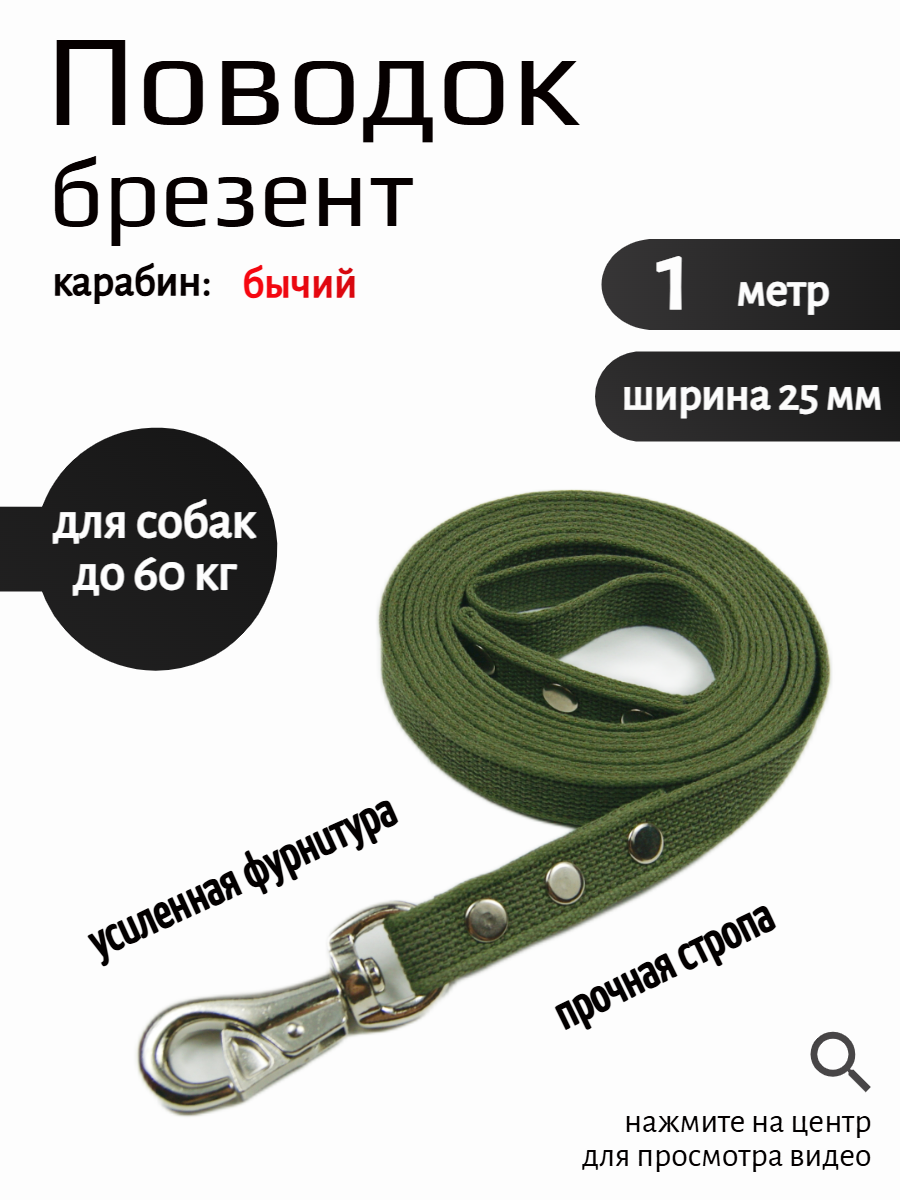 Поводок Хвостатыч для собак крупных пород брезент с бычьим карабином 1 м х 25 мм (зеленый)