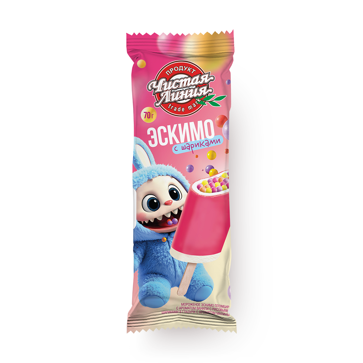 Мороженое Чистая Линия "Эскимо", пломбир, с рисовыми шариками, в глазури, 70г