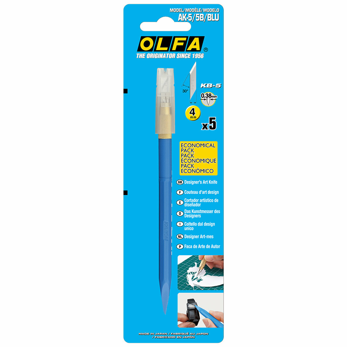 Набор: нож макетный с 5 лезвиями и 1 иглой для прокола цвет голубой OLFA AK-5/5BLU