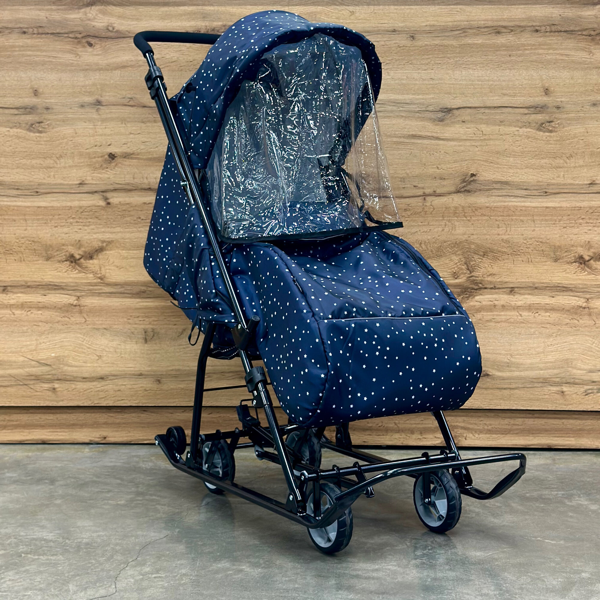 Санки-коляска Наши детки НДТ3-1К/СЗ, с перекидной ручкой, принт синий со звездочками