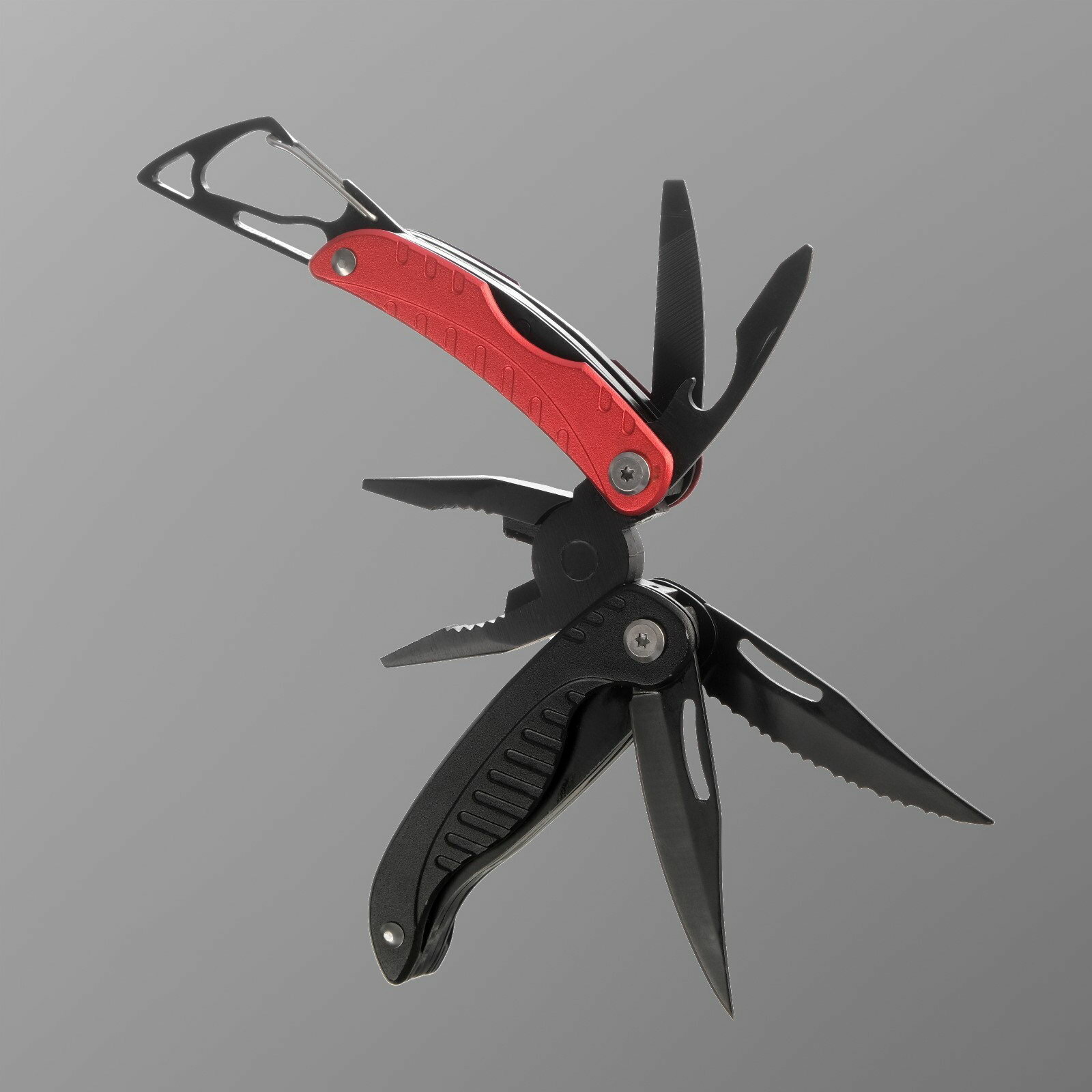 Мультитул 9в1 с карабином, красно-черный, размер упаковки: 6.5 x 3.5 x 13.5 см.