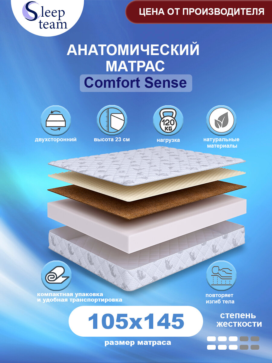 Матрас SleepTeam Comfort Sense 105х145, для кровати, высота 23 см, беспружинный с массажным эффектом, односпальный