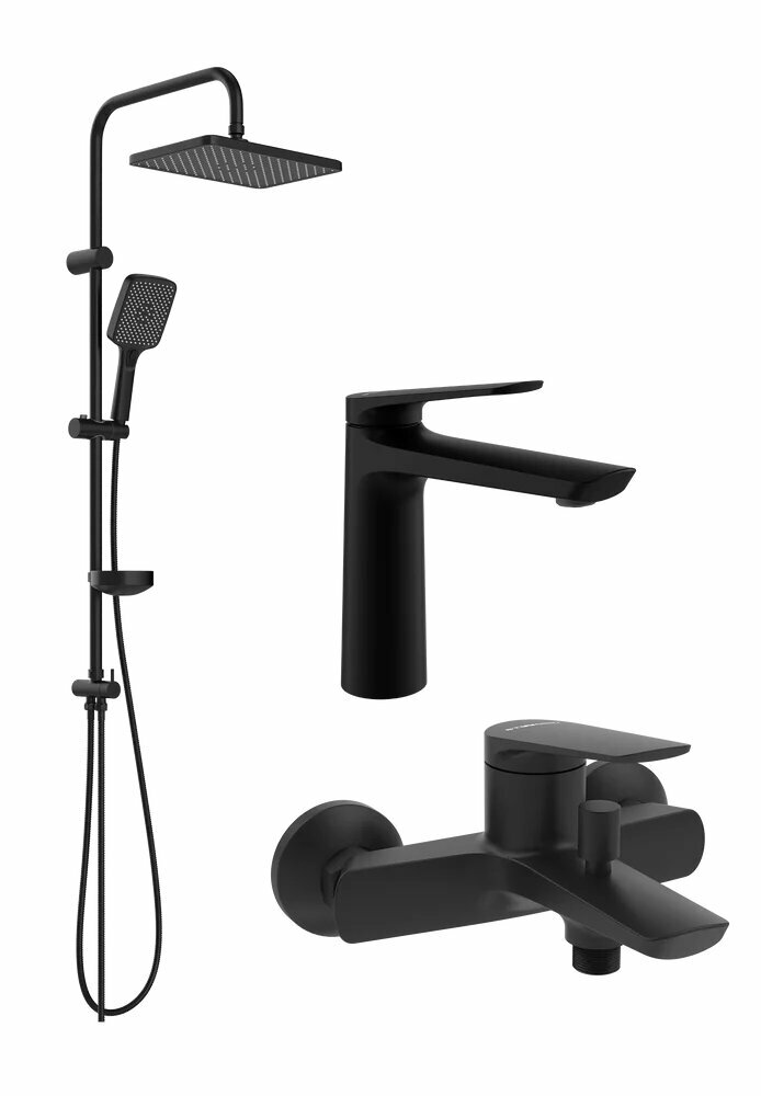 Комплект для ванной Смеситель STWORKI Вирклунд S05010BK матовый черный / Стойка Колдинг S32180BK матовая черная / Смеситель S05100BK
