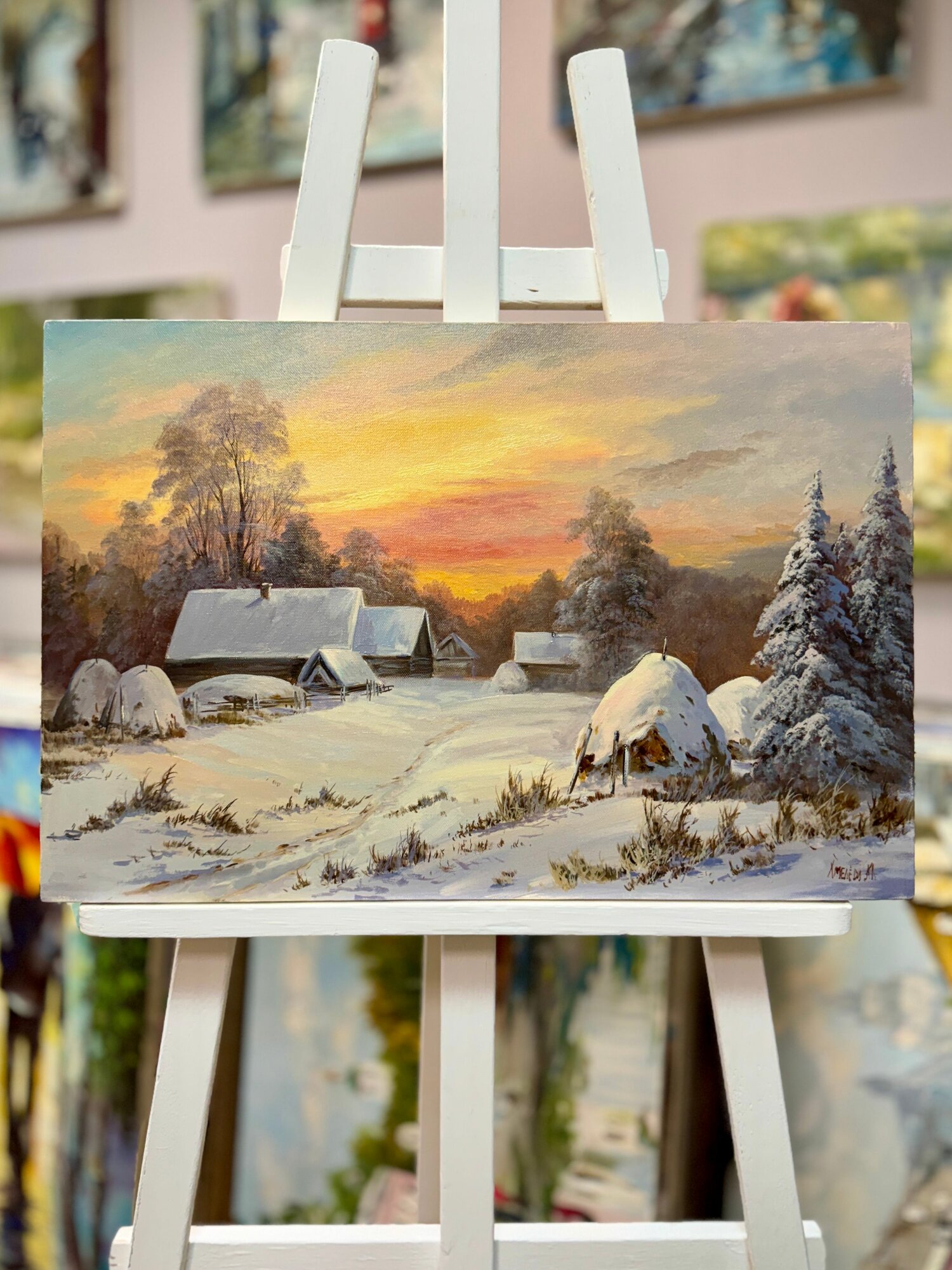 Картина маслом Домики в лесу, рассвет, Зимний пейзаж 60х40 см. Художественная мастерская Грёзы