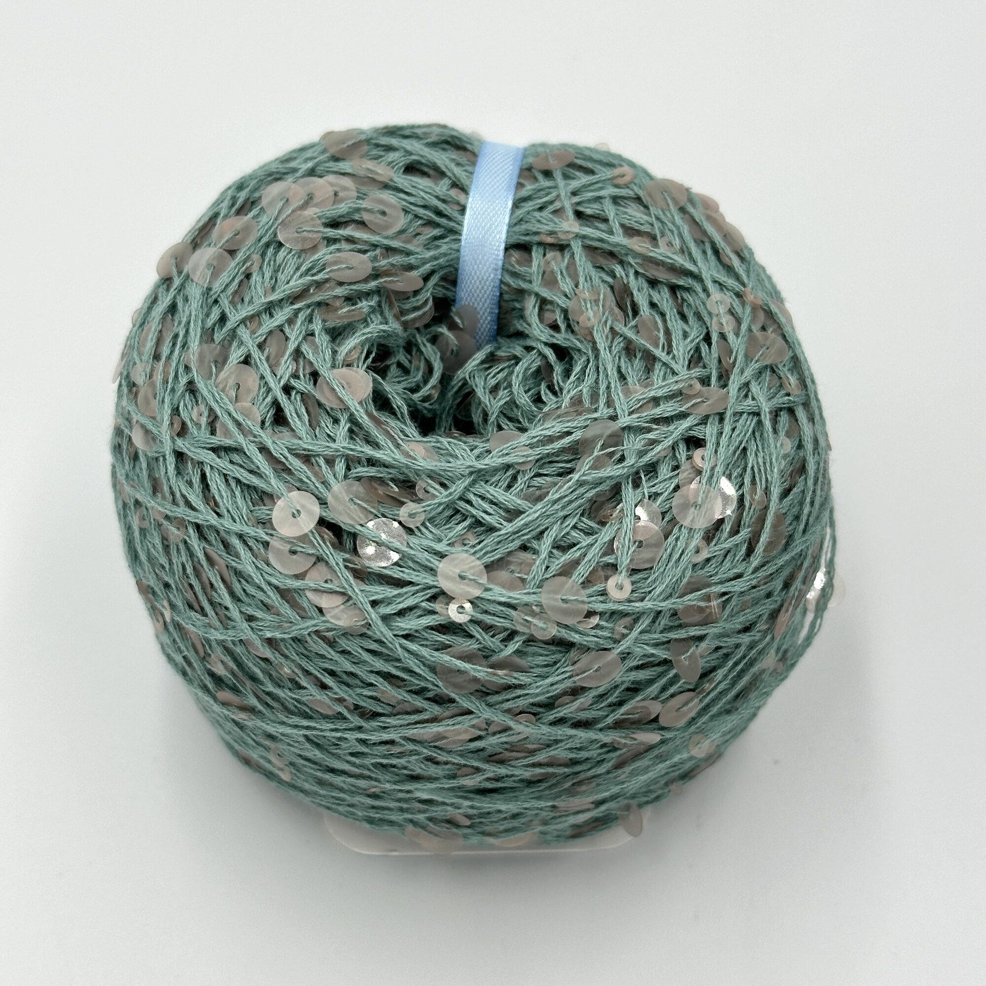 100г Пряжа пайетки 3+6 мм на хлопке - 206 бирюзово-серый с бежевыми прозрачными пайетками с2д