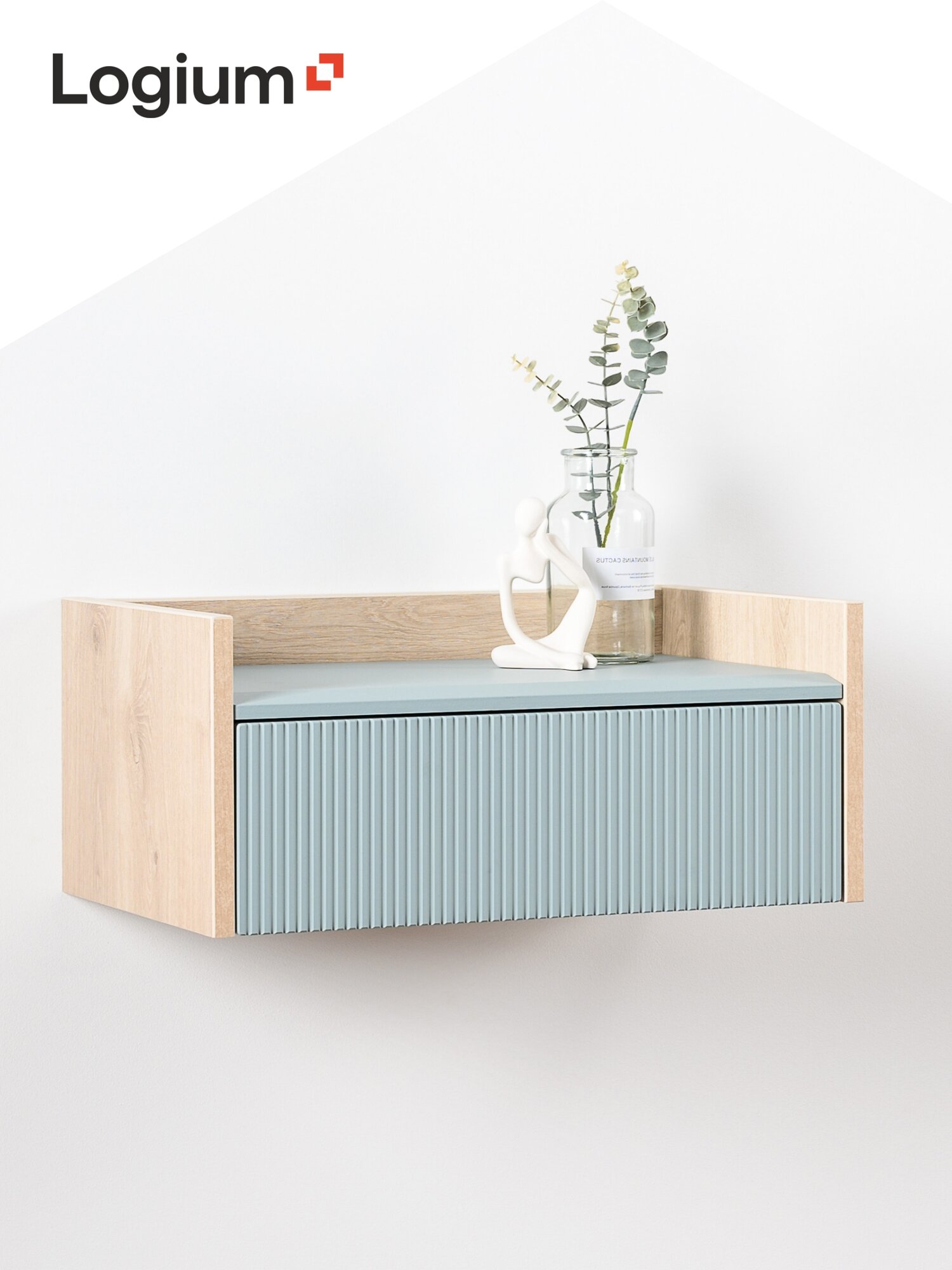 Тумба прикроватная подвесная бежевая/голубая 50 х 30 х 21,5см, Наоми 16.11.01, Дуб Белый exclusive, Сумеречный голубой