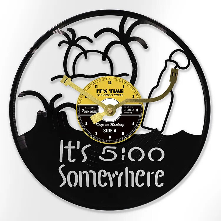 Настенные часы с виниловой пластинкой «Тропическая пальма» | Бесшумные часы без тиканья | Забавная цитата «Где-то 5:00» | 30 см | Работает от батареек
